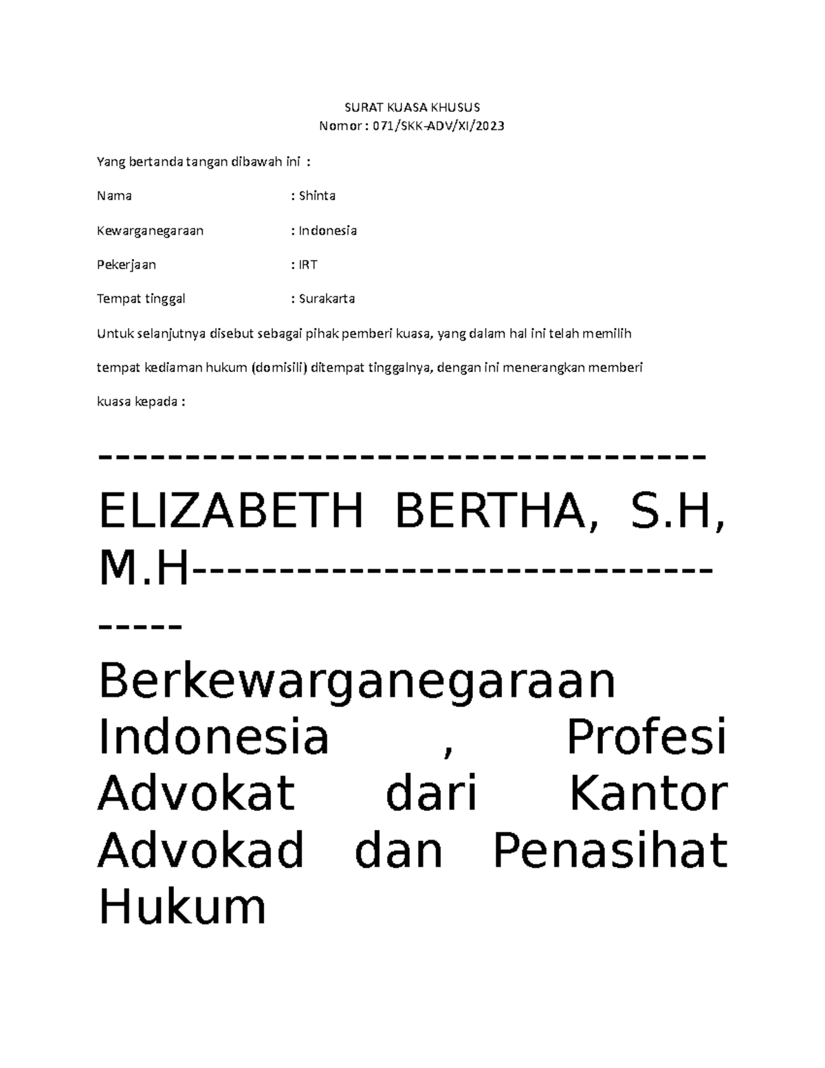 Surat Kuasa Khusus (SKK) untuk Perkara Perdata di Surakarta - Studocu