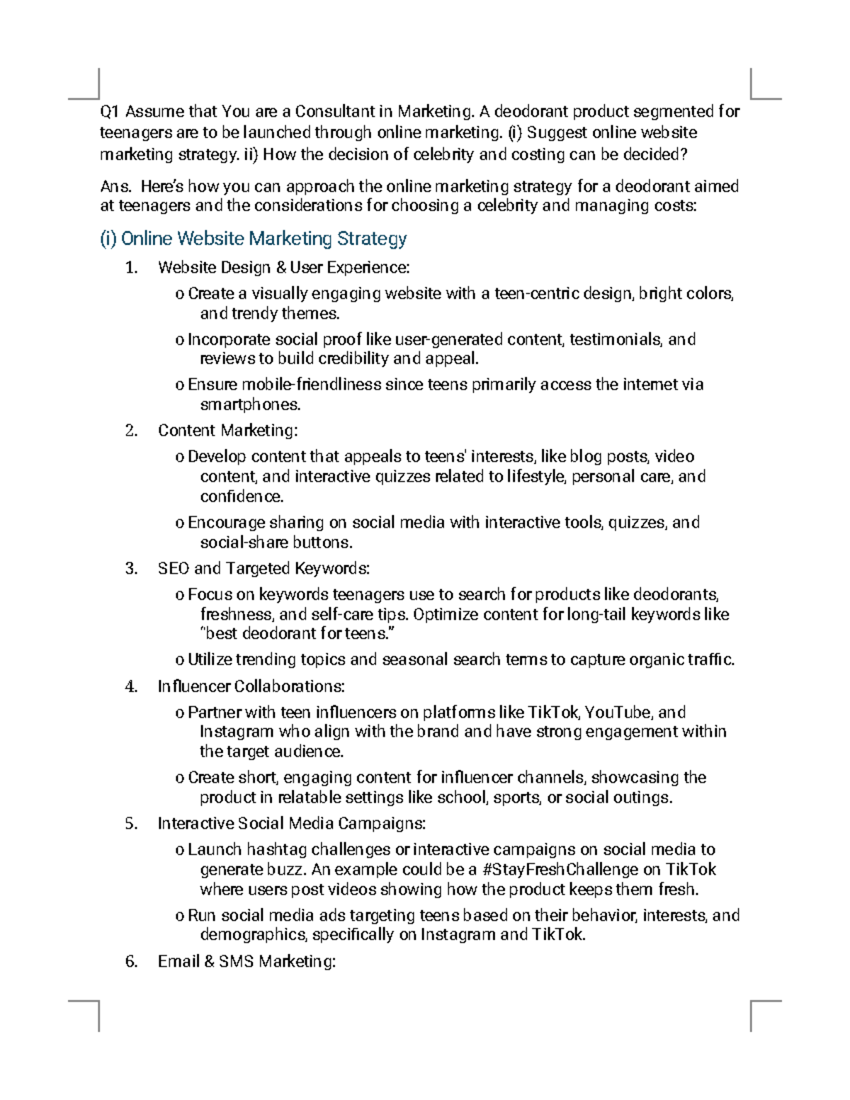 DCE CO1 - Online Marketing Strategy for Teen Deodorant Launch - Studocu