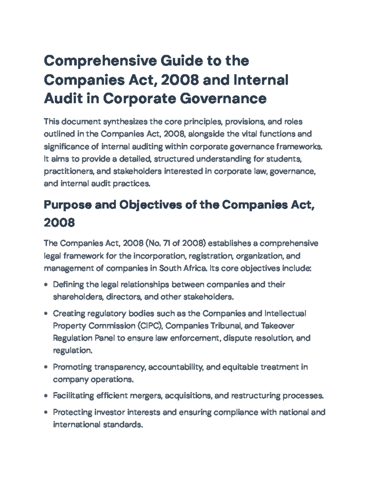 Comprehensive Guide on the Companies Act, 2008 & Internal Audit Roles - Comprehensive Guide to ...