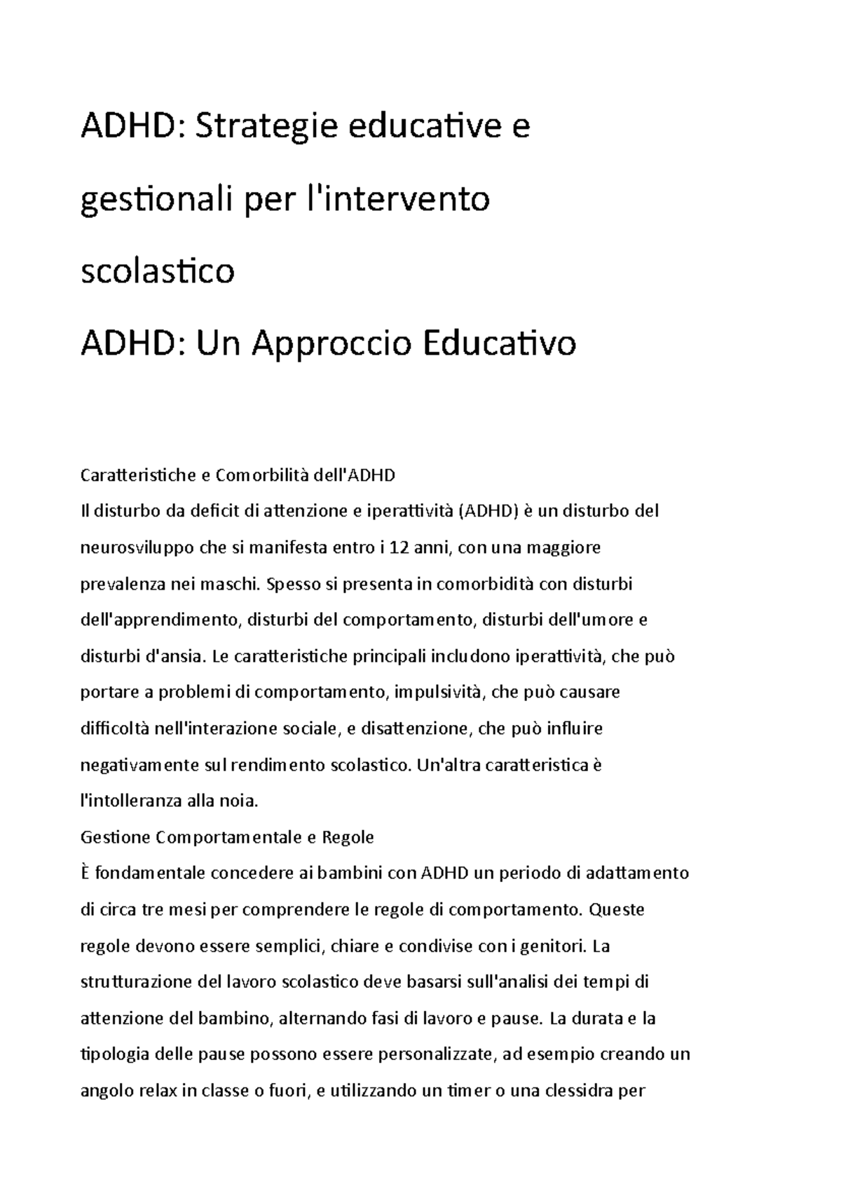 ADHD-1: Strategie Educative e Gestionali per Scolastici - Studocu