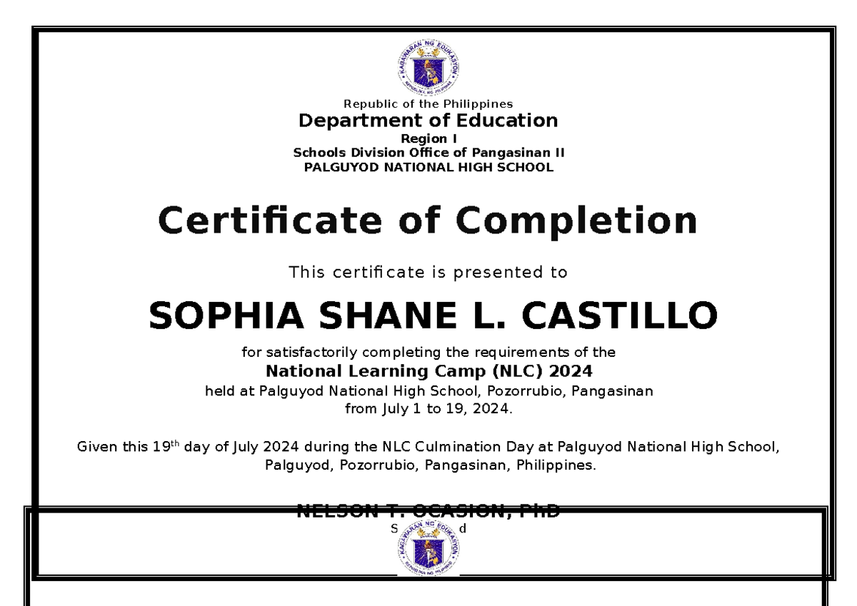 NLC 2024 Certificate of Completion for Learners at Palguyod High School ...