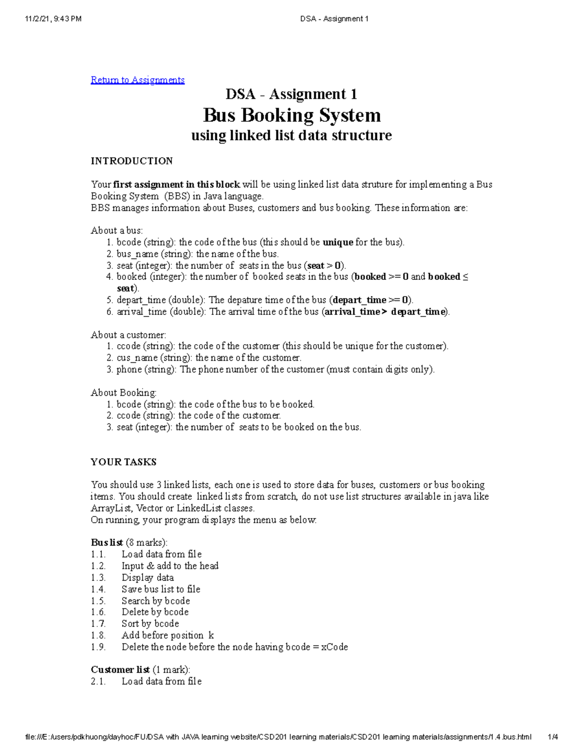 DSA SE1613 - Assignment 1: Bus Booking System Using Linked Lists - Studocu