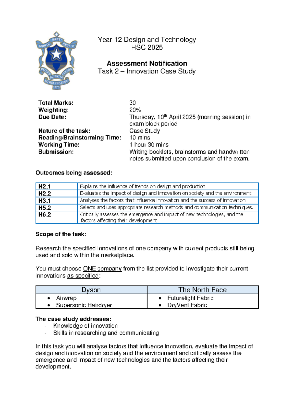 12 Case Study Assessment Notification 2025 - Year 12 Design and ...