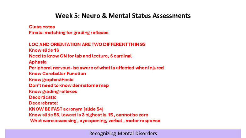 Week 5: Health Assessment - Neuro Mental Status Class Notes for Finals ...