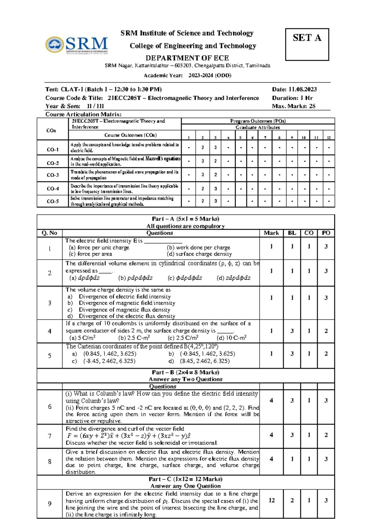 EMT CT1 SET A - Electromagnetic Theory & Interference Test Notes - Studocu