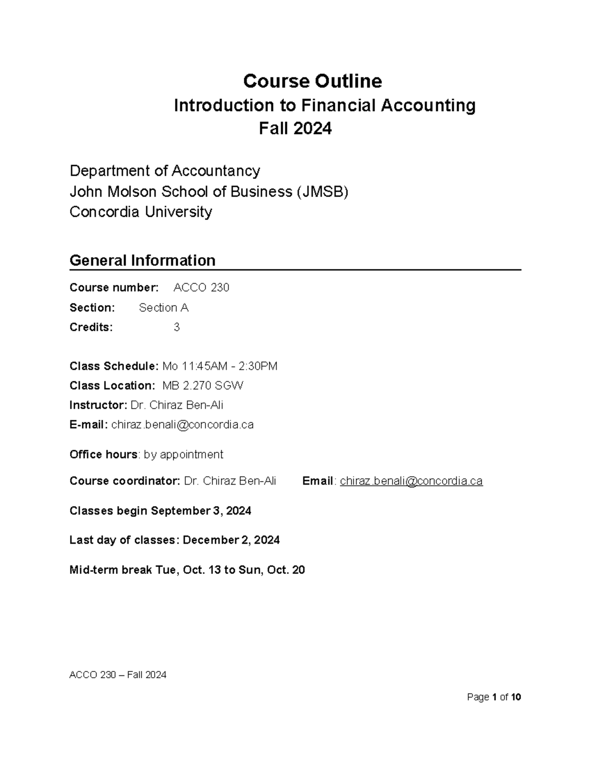 ACCO 230 Section A course outline 2024 Fall - Course Outline ...
