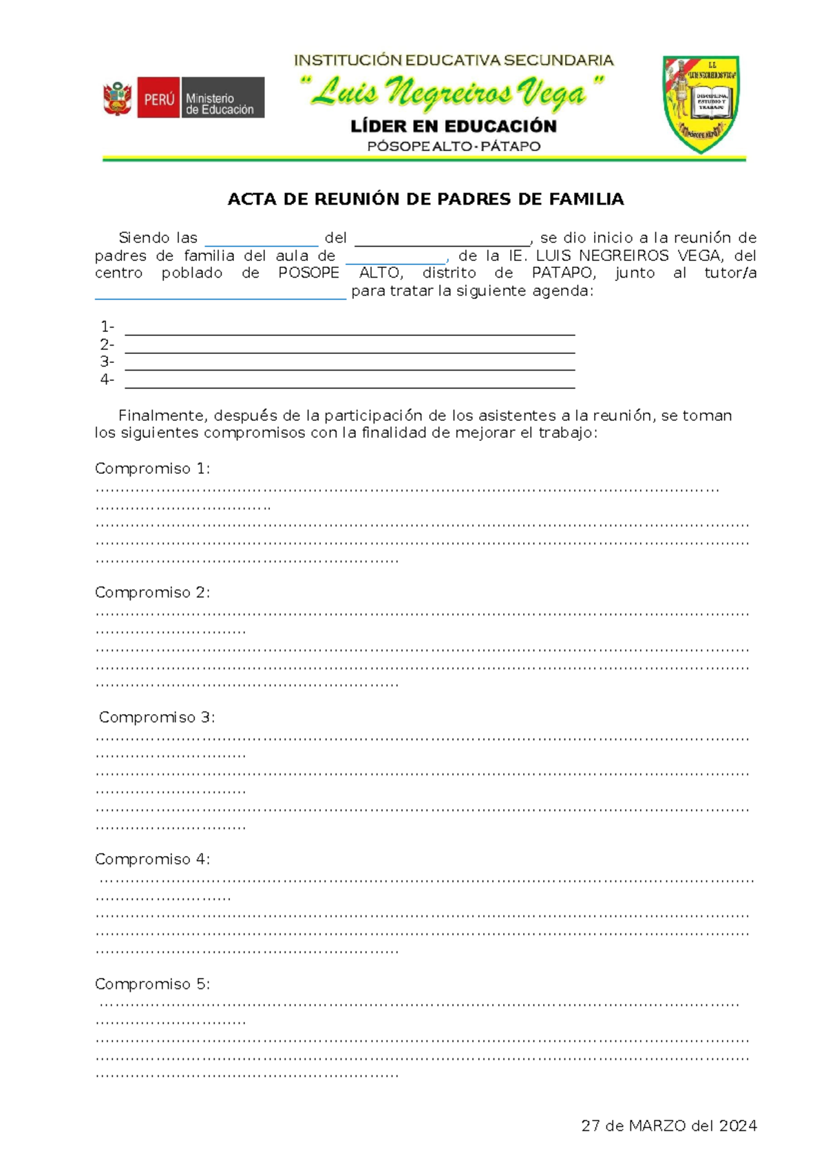 ACTA DE REUNIÓN DE PADRES DE FAMILIA - IE LUIS NEGREIROS VEGA - Studocu