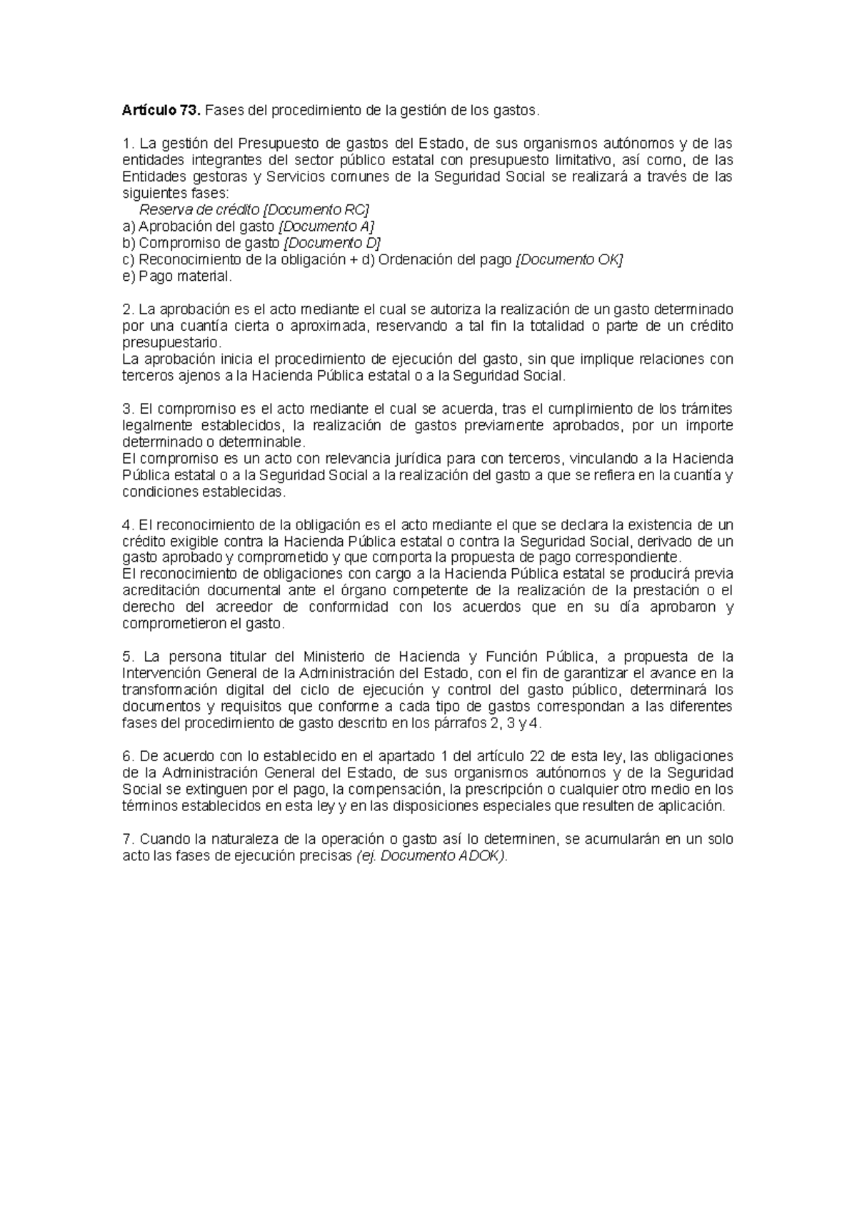 Artículo 73 LGP: Fases de Gestión de Gastos Públicos - Studocu