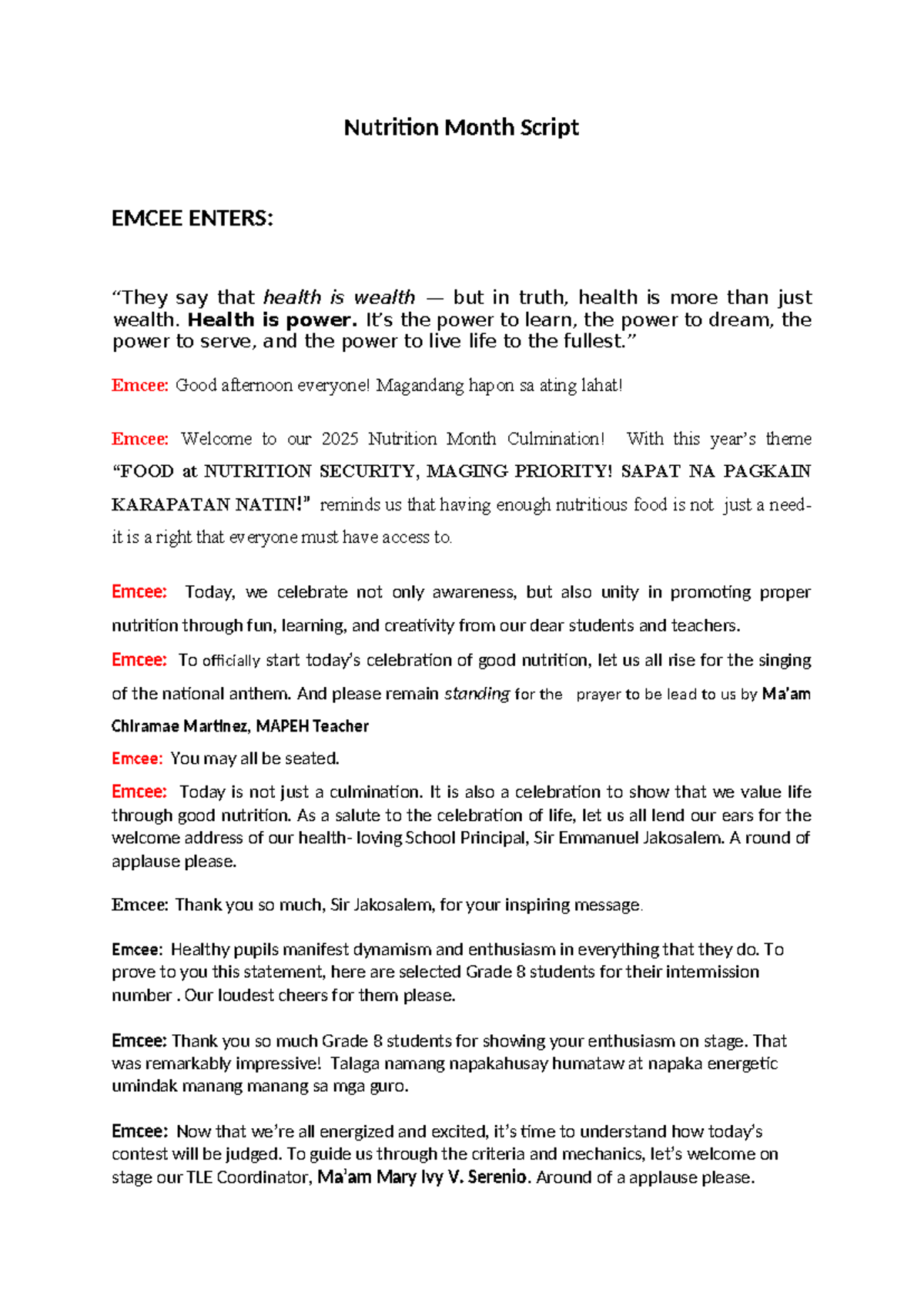 Nutrition Month Celebration Script 2025: Health is Wealth! - Studocu