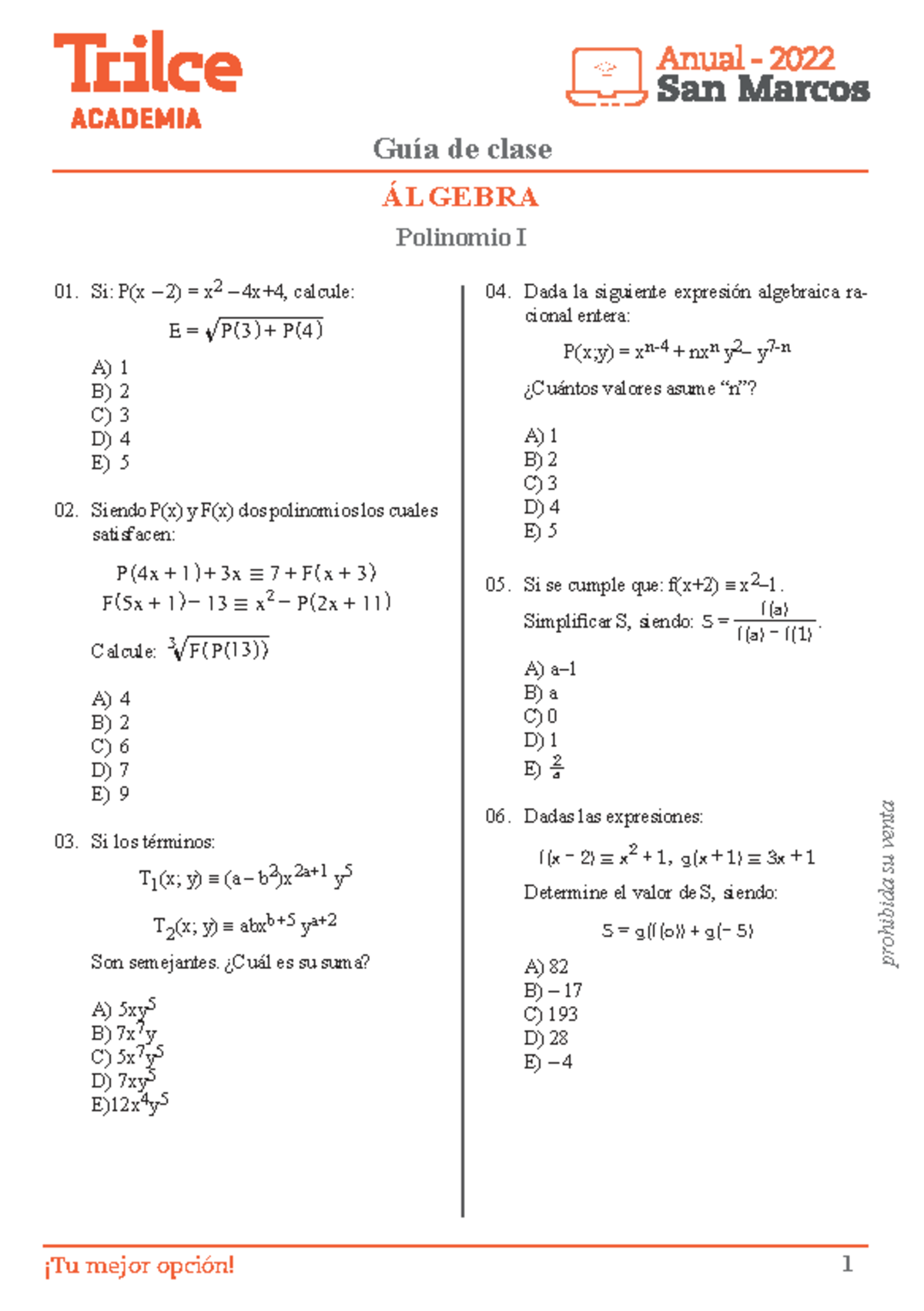 Guía de Clase: Álgebra Polinomios I - Ejercicios y Soluciones - Studocu