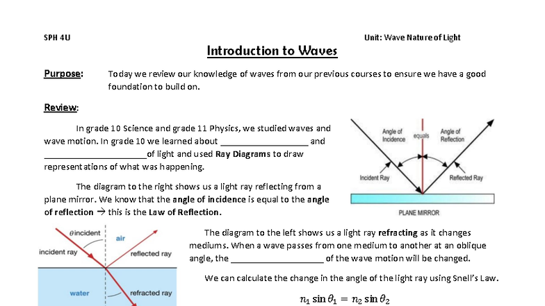 SPH 4U Unit: Wave Nature of Light - Introduction to Waves Review - Studocu