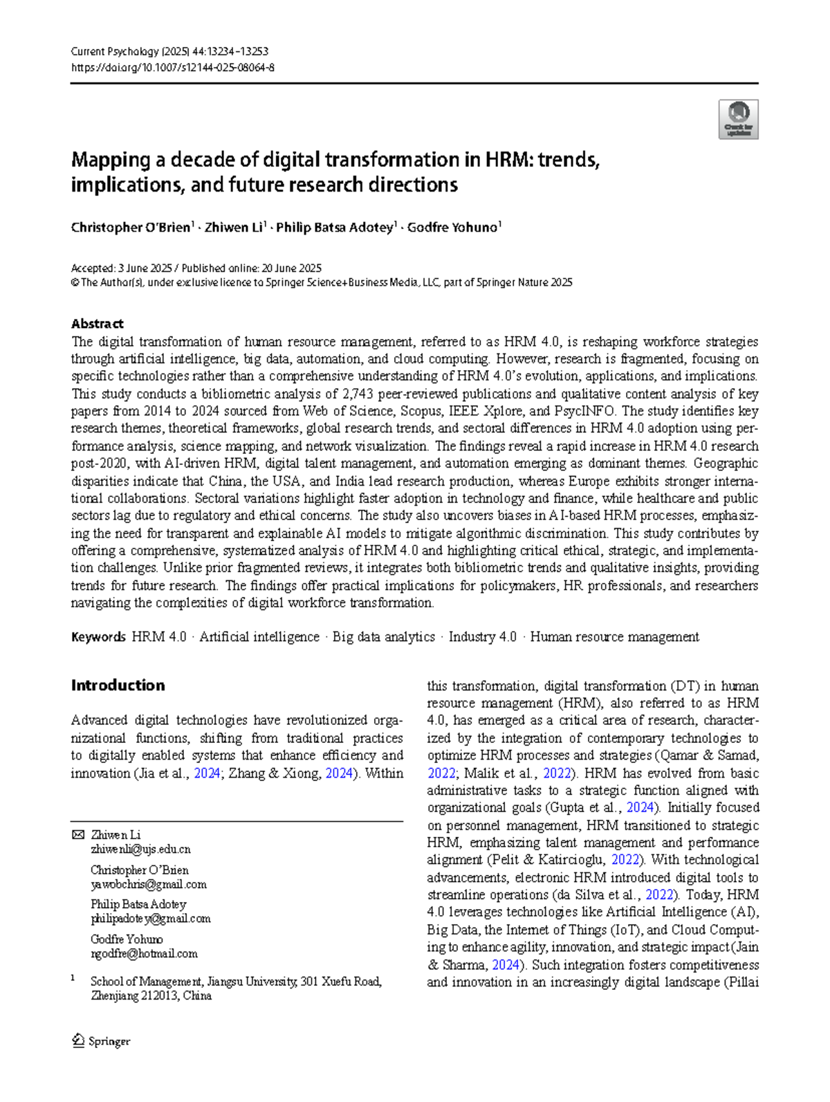 Current Psychology (2025) Trends and Future Directions in HRM Digital ...