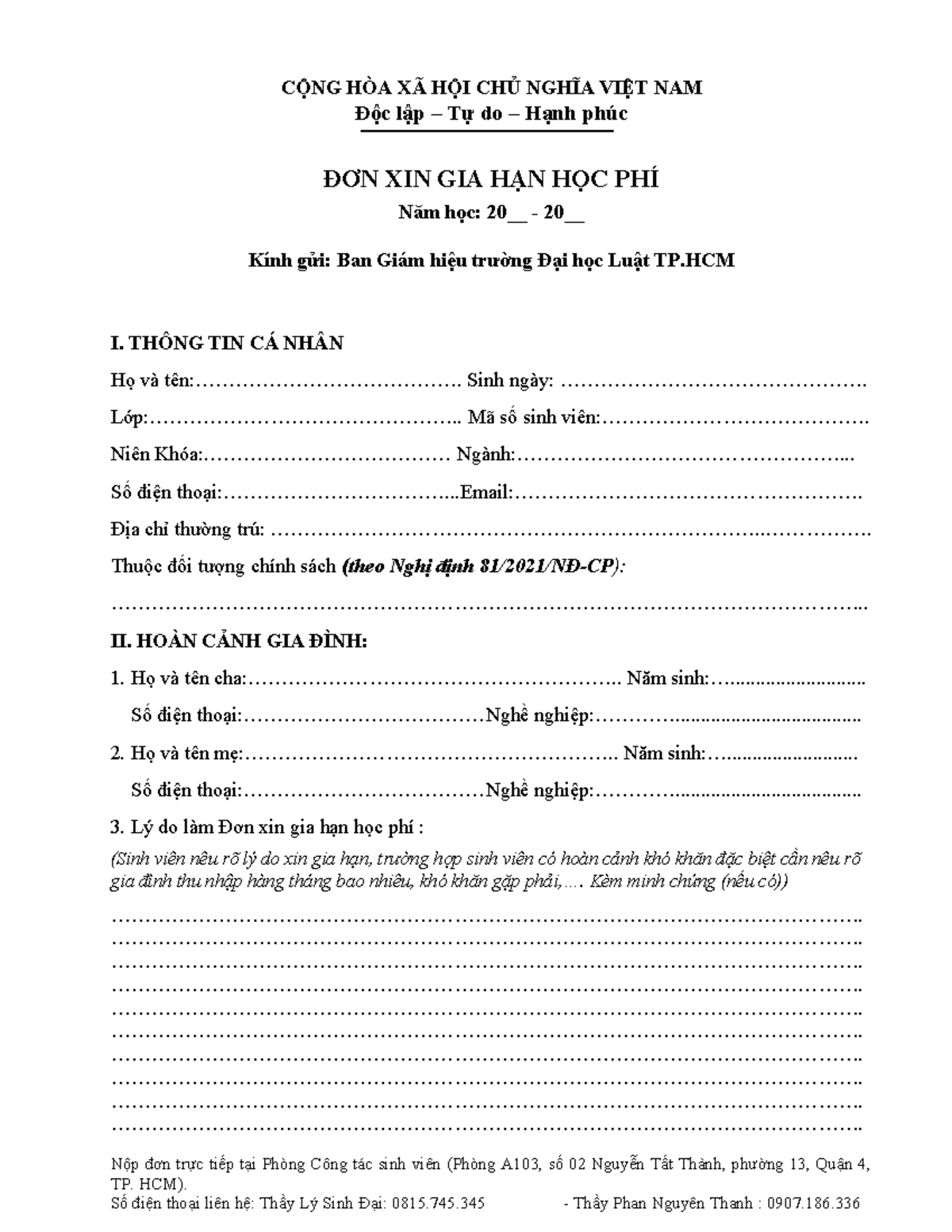 MẪU ĐƠN GIA HẠN ĐÓNG HỌC PHÍ 2024 2025 in - CỘNG HÒA XÃ HỘI CHỦ NGHĨA ...