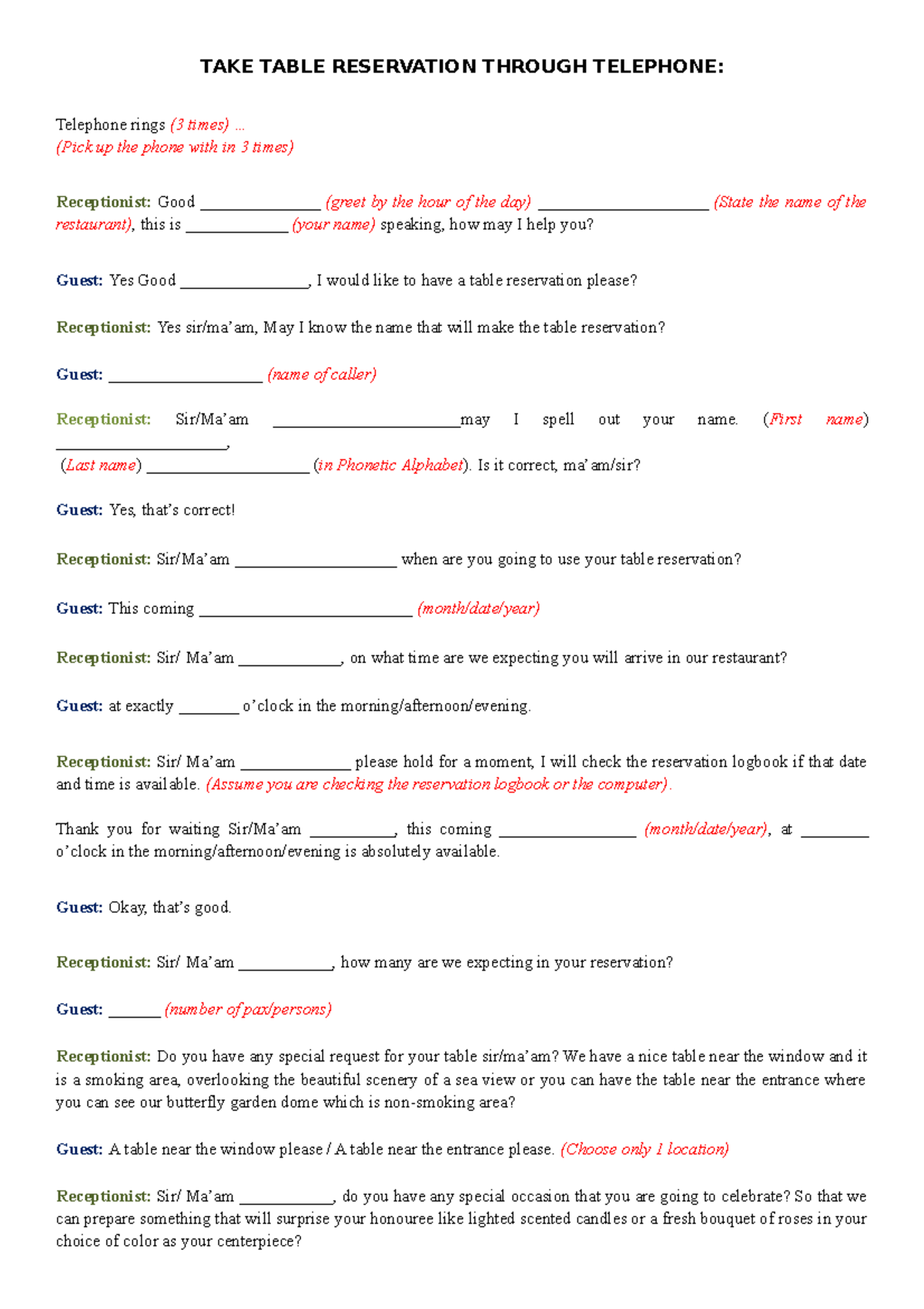 Table Reservation Script: Revised Version 2022 for Customer Service ...