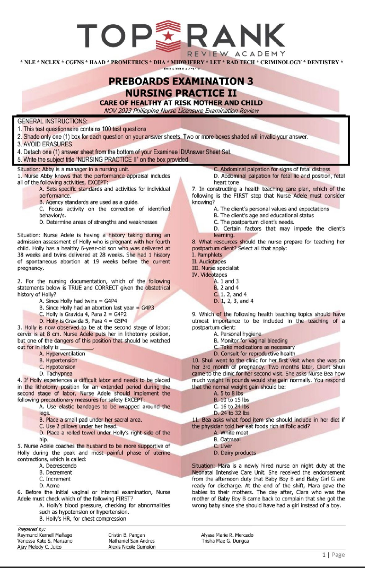 PB3 NP2 - NLE Midwifery Practice Reviewer for Nov 2023 Exam - Studocu