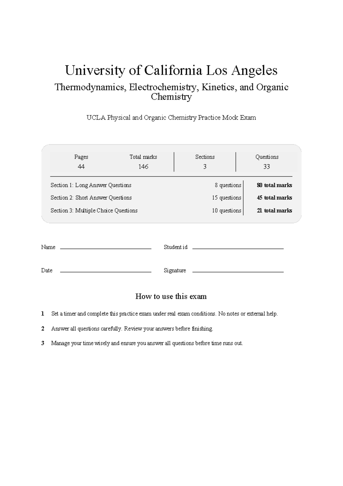Chem 14B UCLA Thermodynamics & Organic Chemistry Practice Test 2026 ...