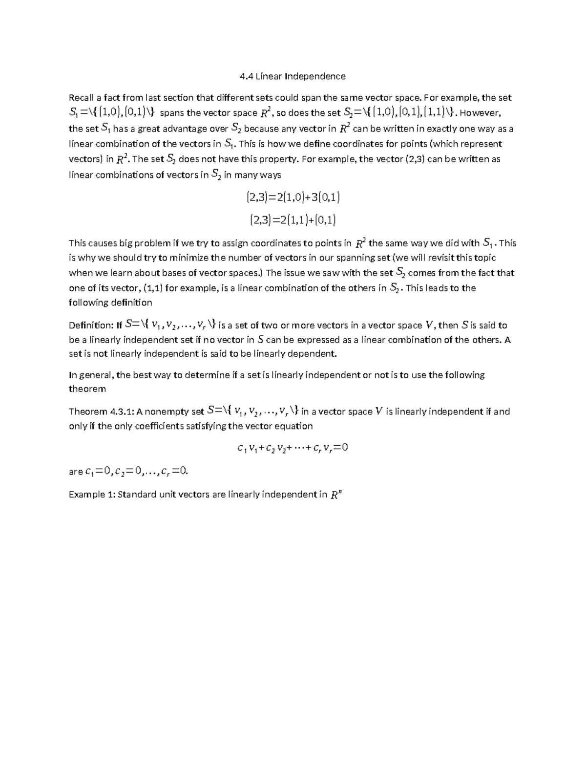 Linear Independence in Vector Spaces: Key Theorems & Examples (MATH 4.4 ...