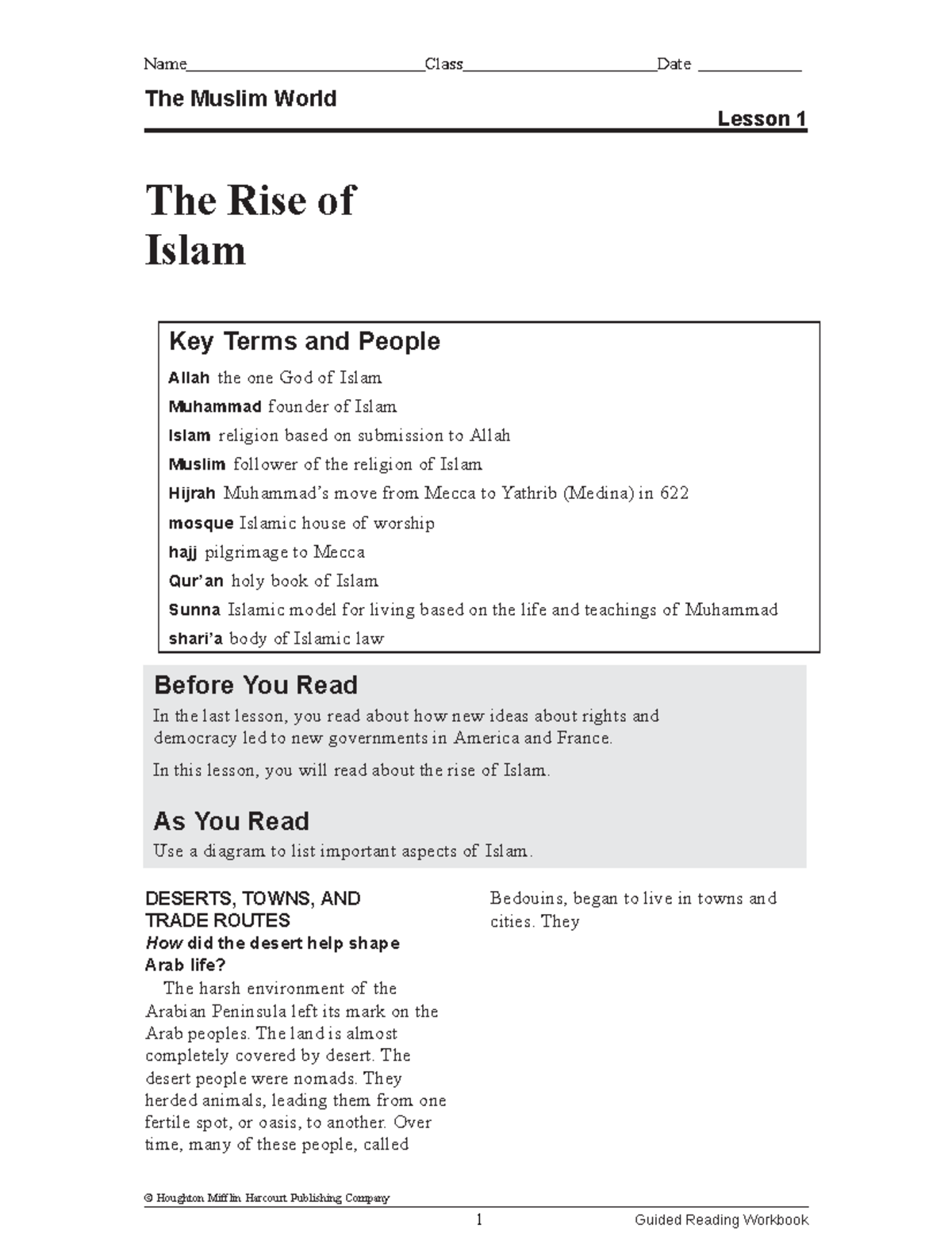 Guided Reading Lesson 1: The Rise of Islam - Module 2 Insights - Studocu