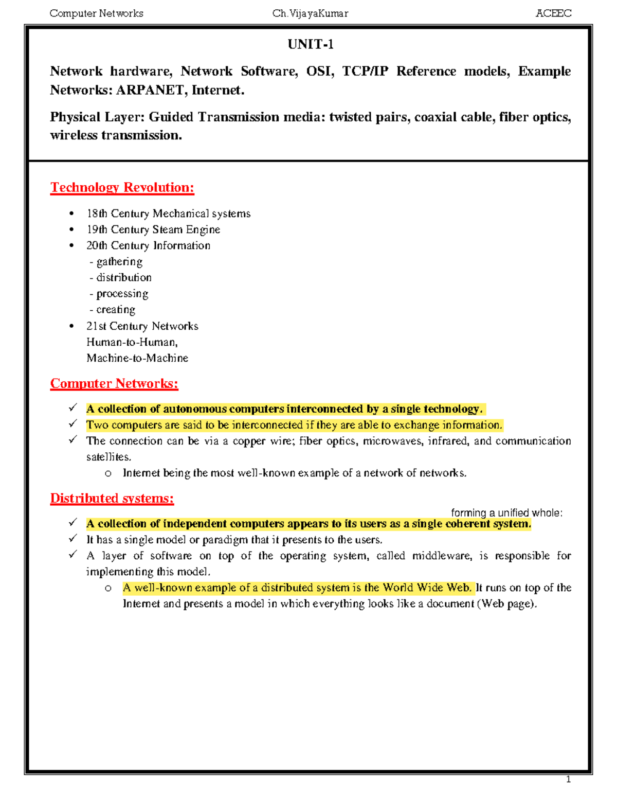 CN UNIT 1 - Comprehensive Notes on Computer Networks and Models - Studocu