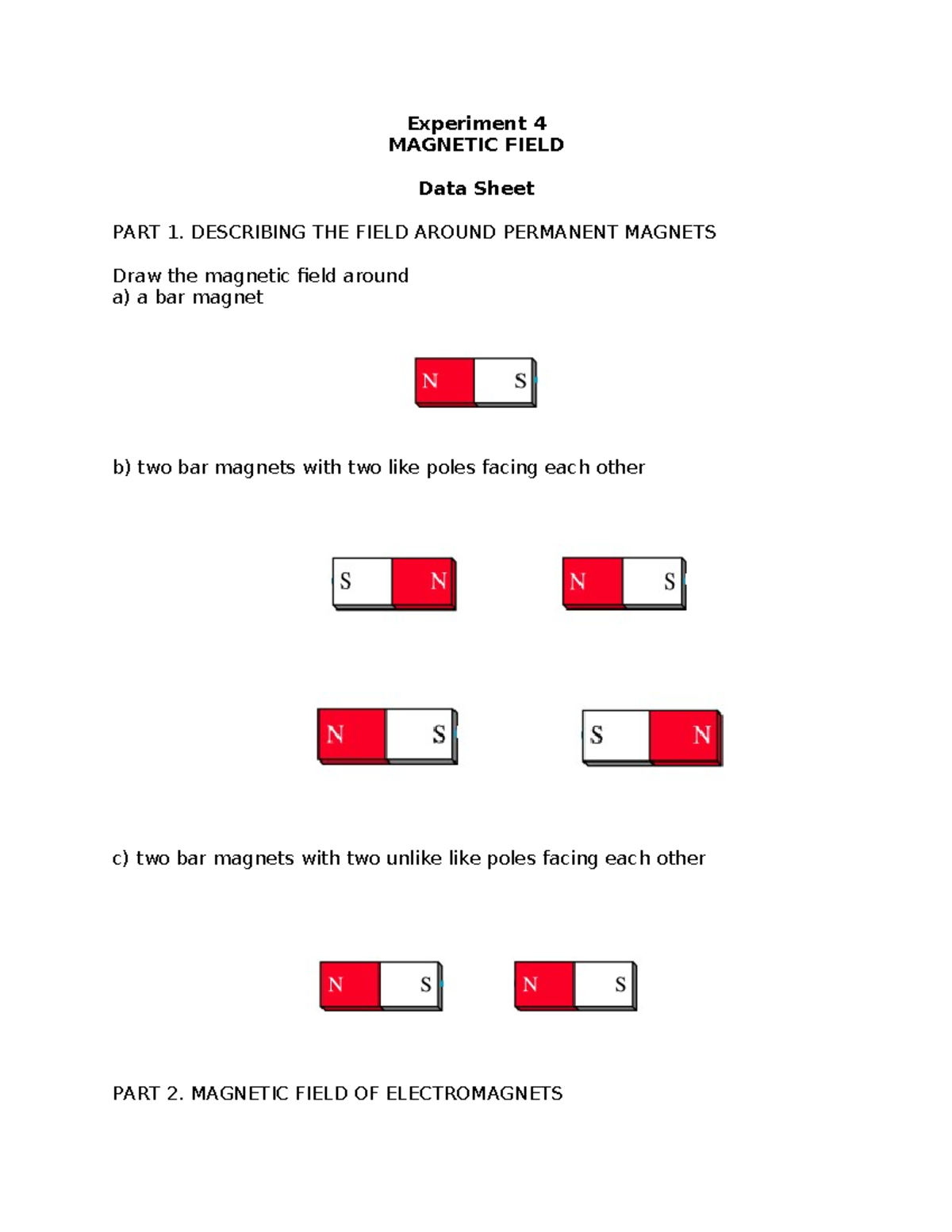 Experiment 4 - Magnetic Field Data Sheet - Analysis of Permanent ...