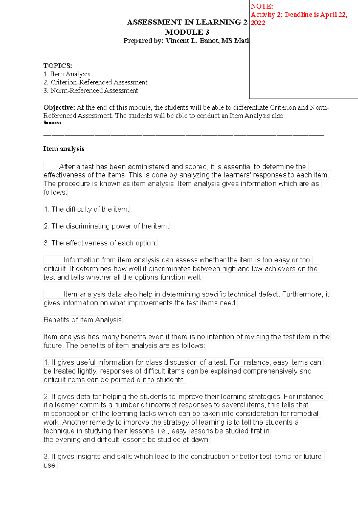 Assessment in Learning 2: Module 3 - Item Analysis Techniques - Studocu