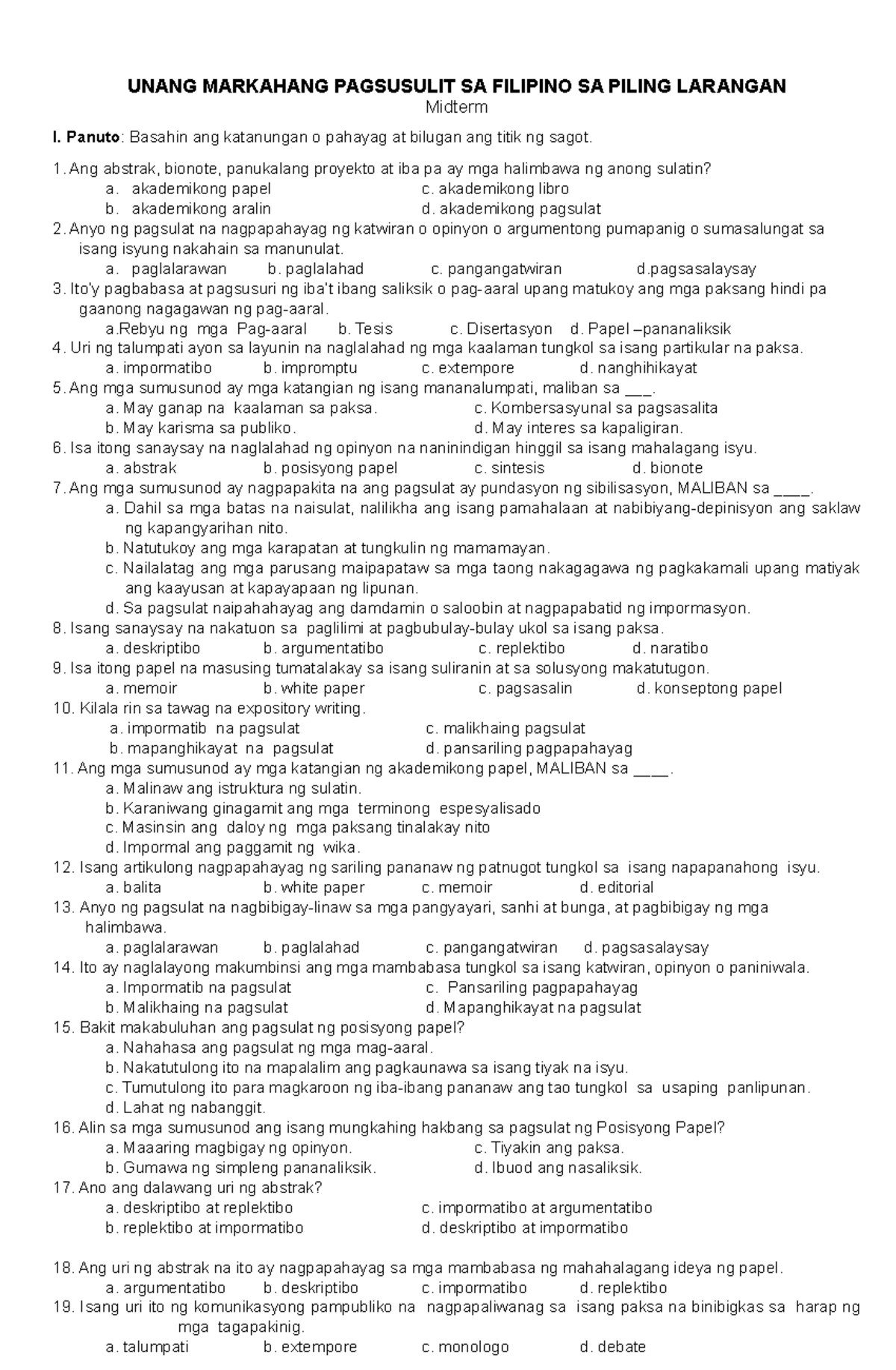 Midterm Exam: Unang Markahang Pagsusulit sa Filipino (Piling Larangan ...