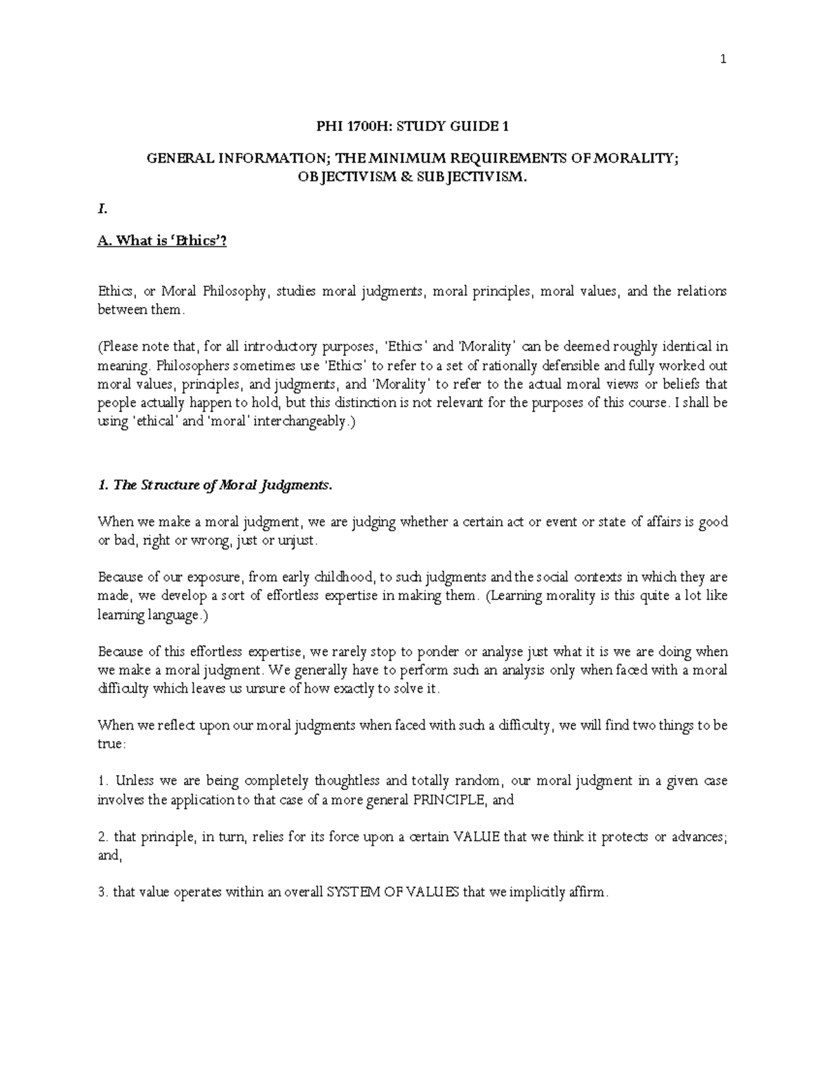 General Study Guide PHI 1700H: Ethics, Objectivism, and Subjectivism ...