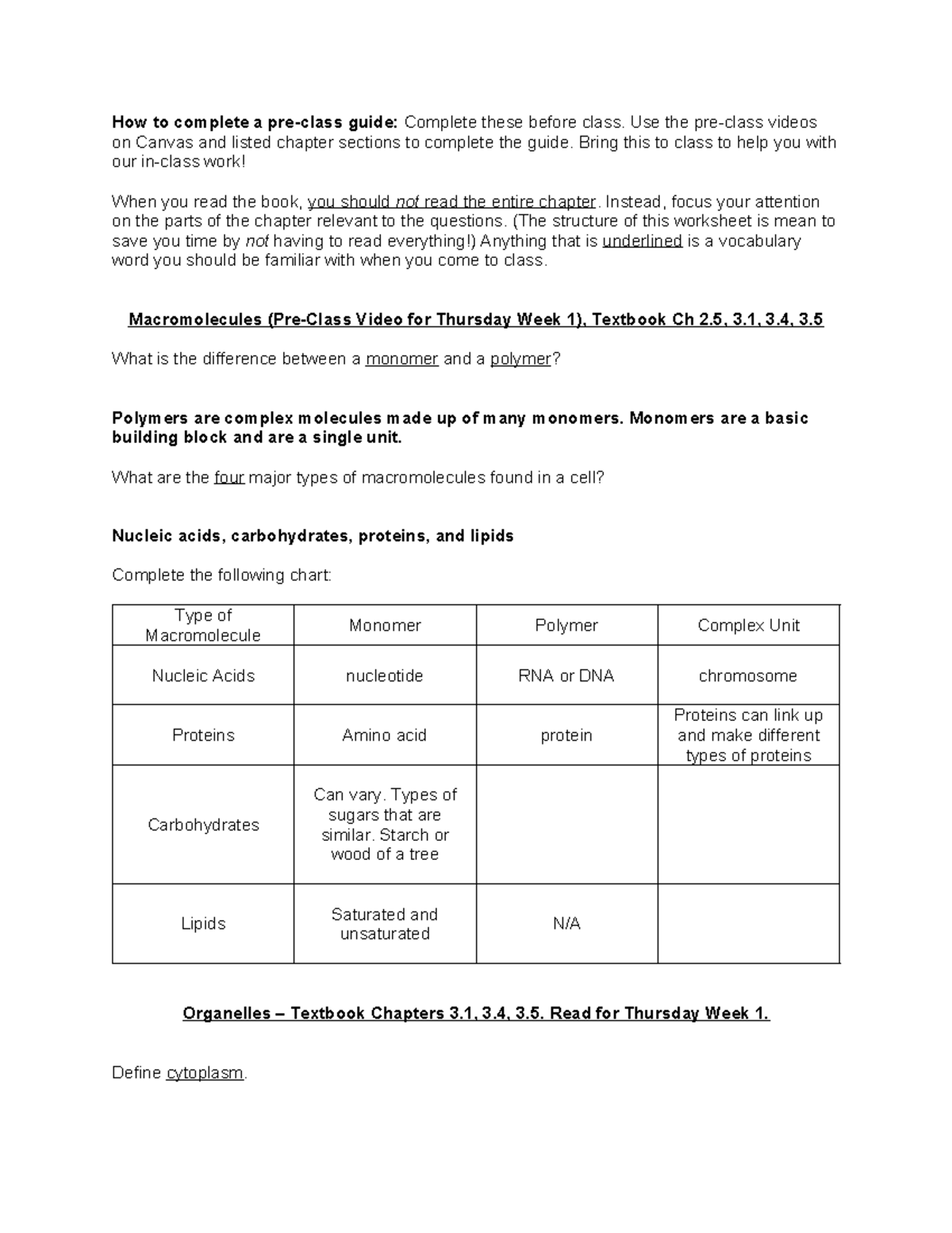 Biology 101: Cell Structures & Functions Worksheet Guide - Studocu