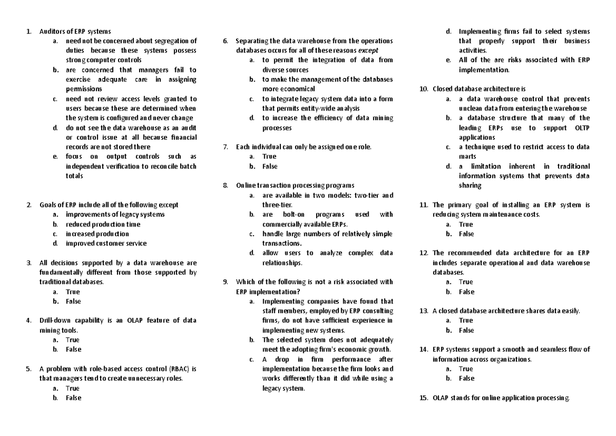 AIS Chapter 1 Quiz Answer Sheet on ERP Systems - Studocu