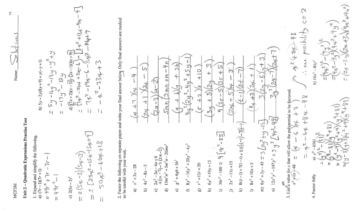Ch.2 Practice Test Solutions - V2 MCF3M Name: Solutions Unit Quadratic ...