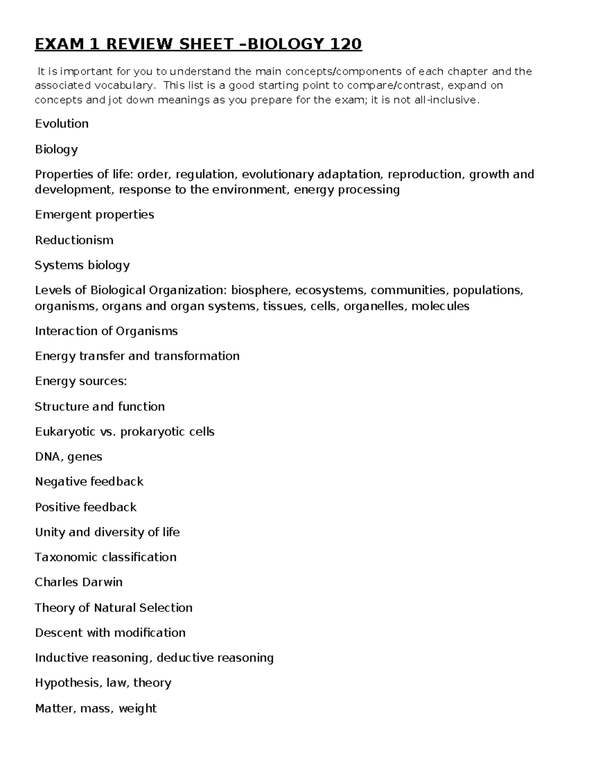 BIO 120 EXAM 1 REVIEW SHEET: Key Concepts & Vocabulary - Studocu
