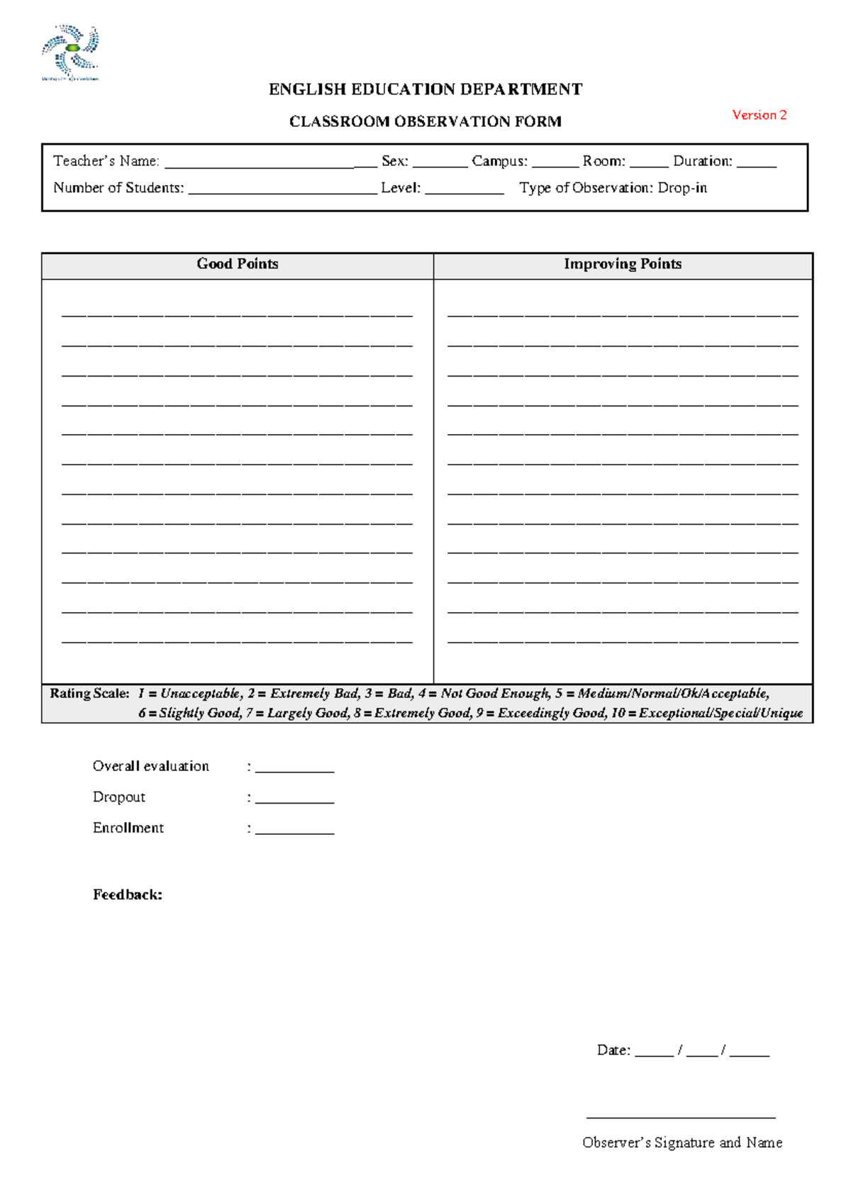 Classroom Observation Form (Drop in) Version 2 - ENGLISH EDUCATION ...