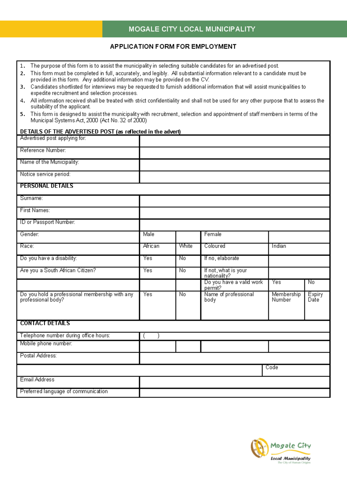 MOGALE CITY MUNICIPALITY Employment Application Form Guide - Studocu