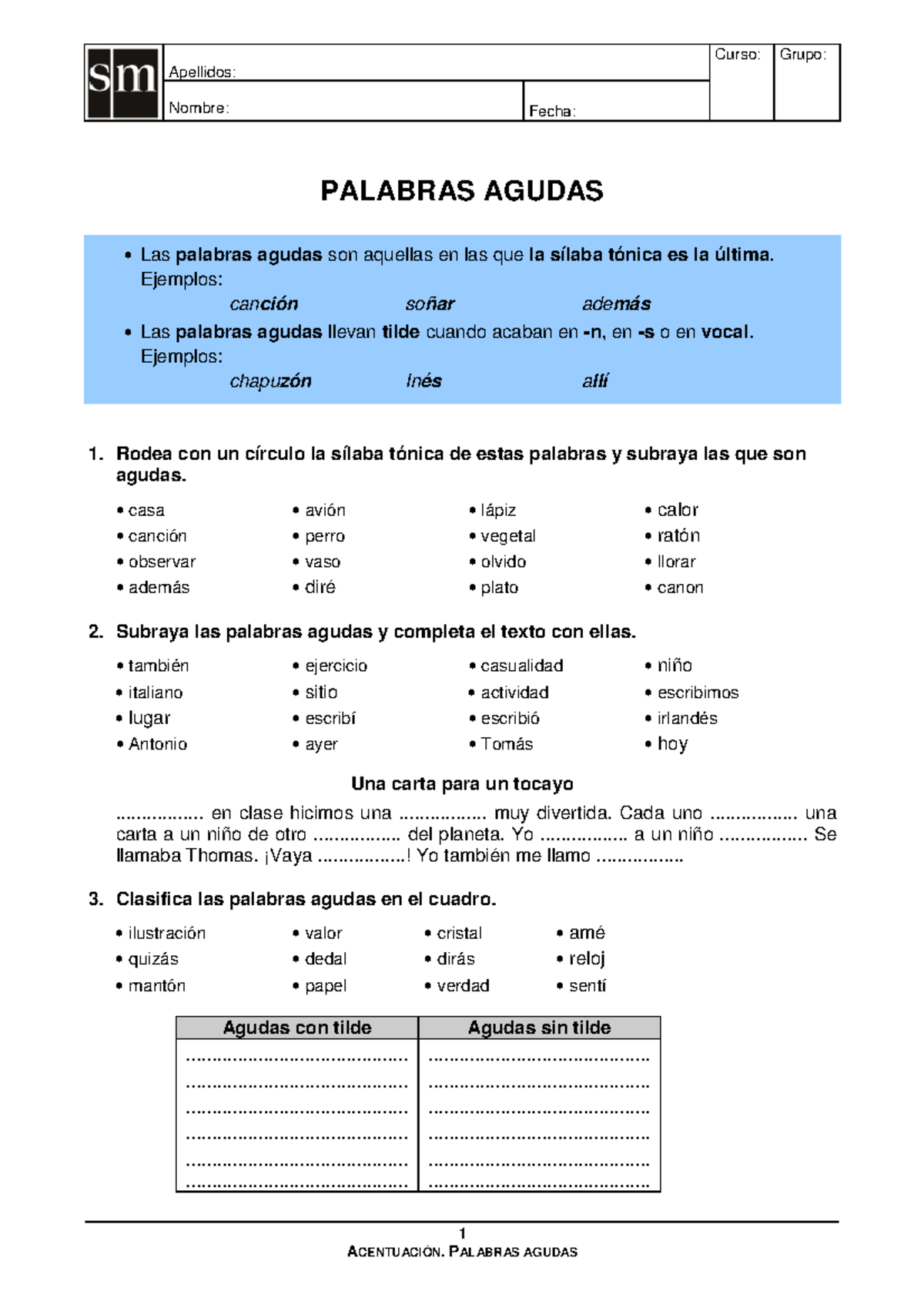 ACENTUACIÓN: PALABRAS AGUDAS - Ejercicios y Clasificación - Studocu