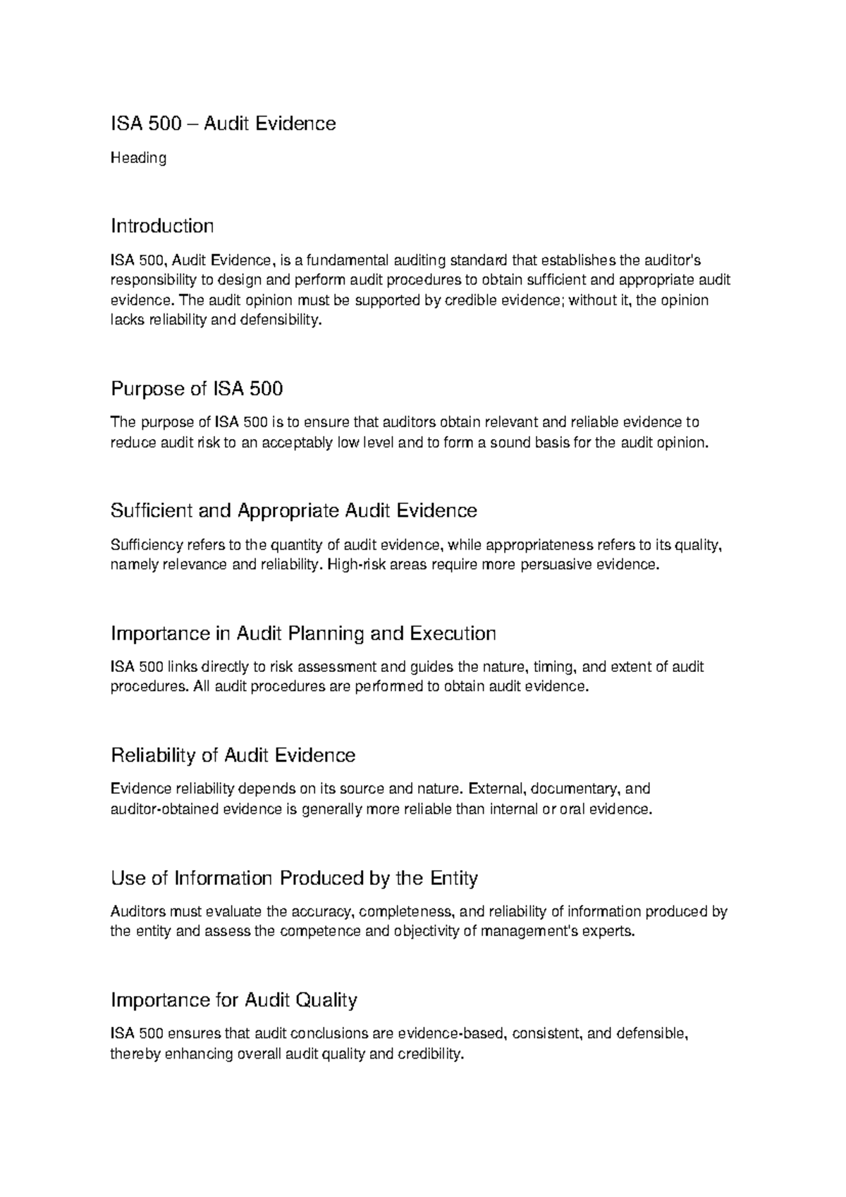 Importance of ISA 500: Understanding Audit Evidence - Studocu