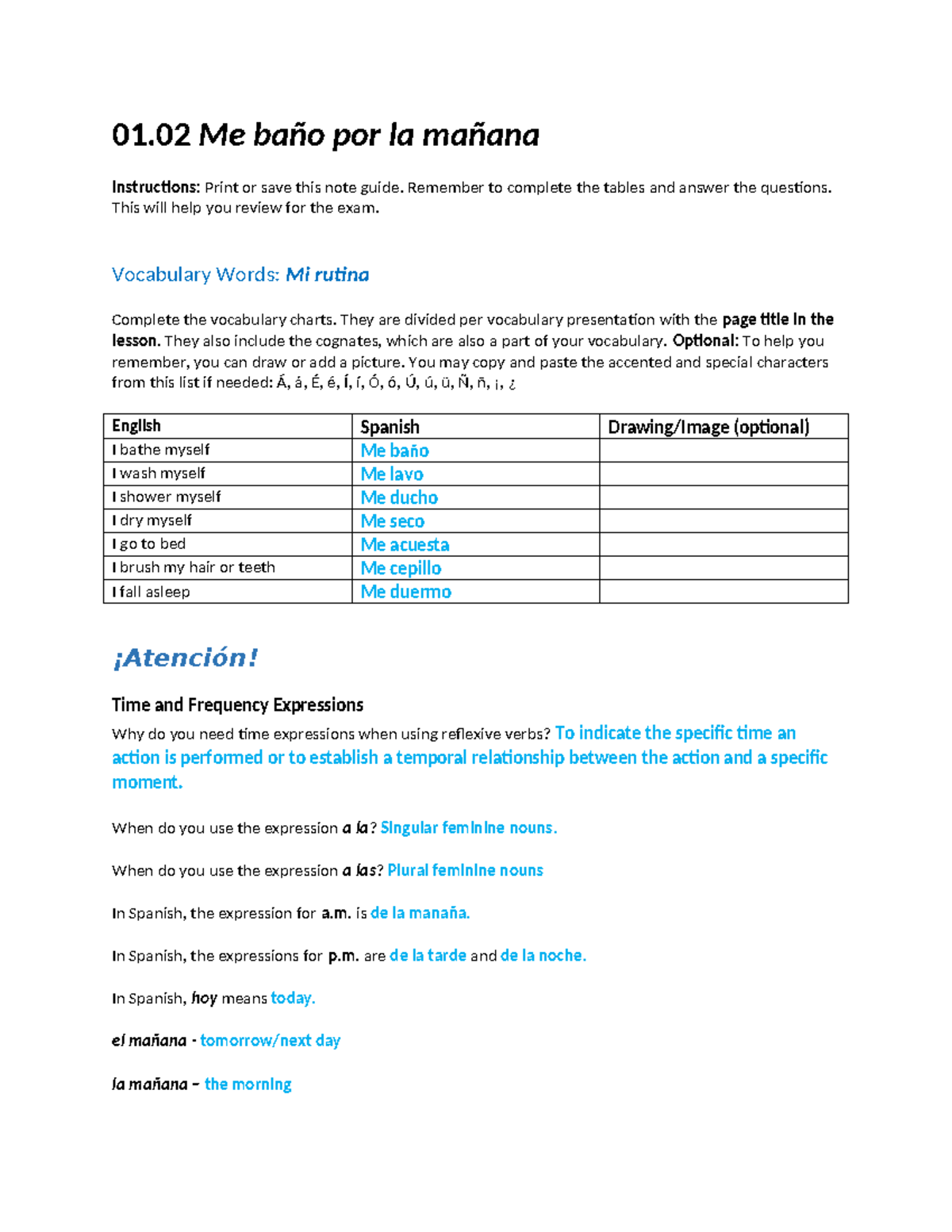 1 - spanish notes - 01 Me baño por la mañana Instructions: Print or ...