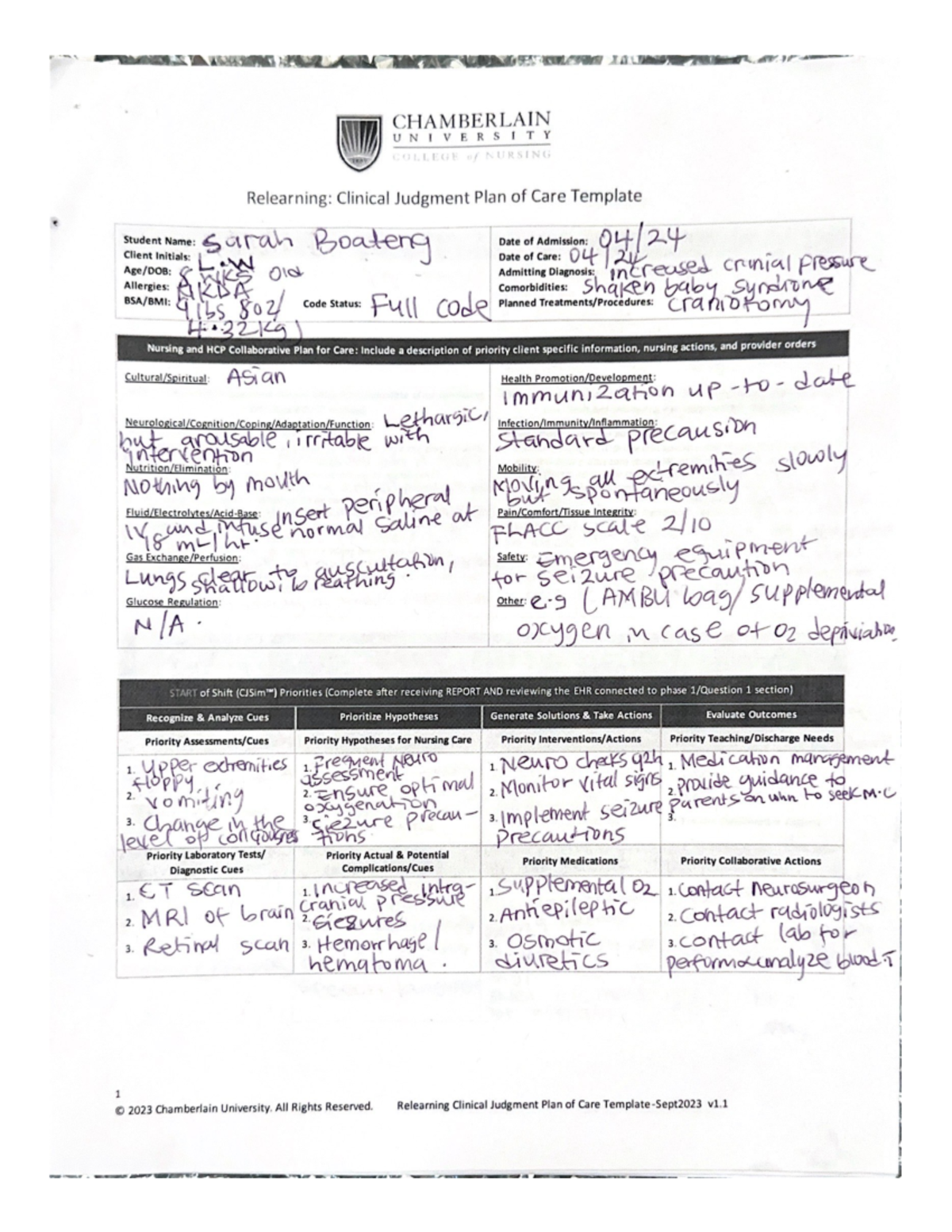 Chamberlain-2 - Care plan - CHAMBERLAIN UNIVERSI T Y COLLEGE of NURSING ...