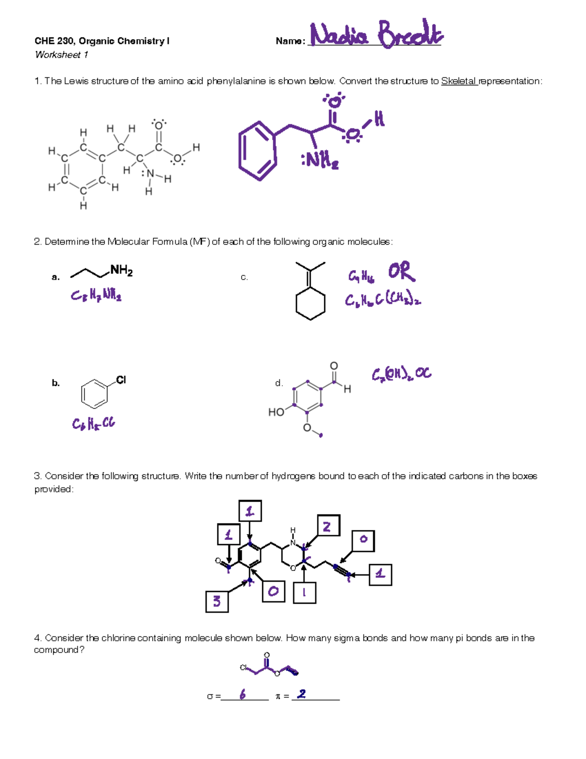 CHE 230 Organic Chemistry I Worksheet 1: Lewis Structures & Bonds - Studocu