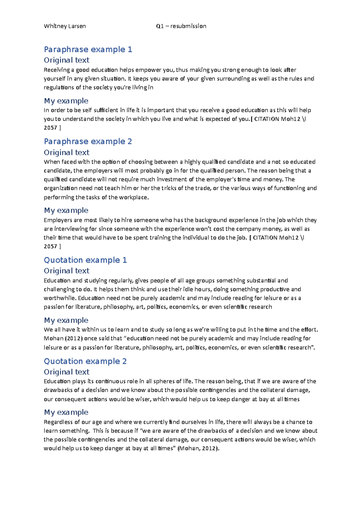 Examples of Paraphrase and Quotation - Whitney Larsen Q1 – resubmission ...