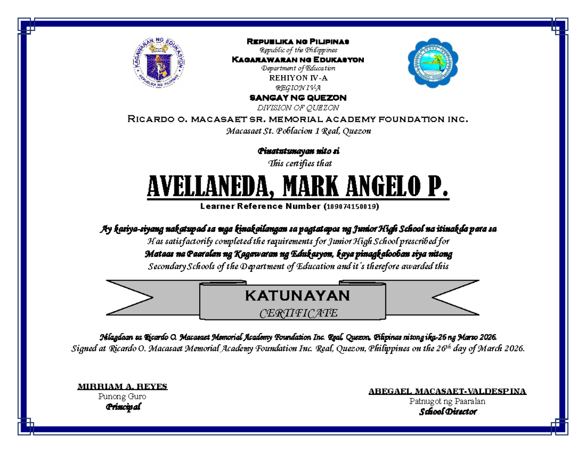 Junior High School Completion Certificates - REHIYON IV-A - Studocu