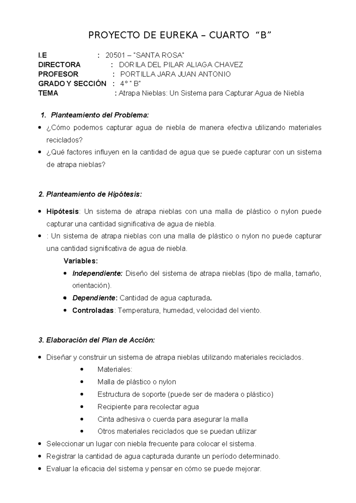 Proyecto de Eureka: Atrapa Nieblas para Captura de Agua - Studocu