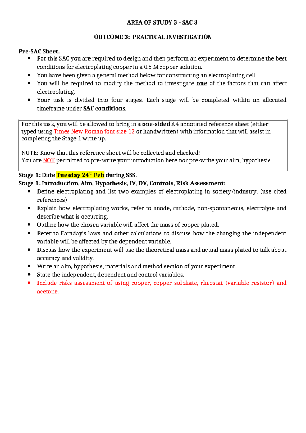 AOS3 - SAC 3 Practical Investigation: Electroplating Copper Conditions ...