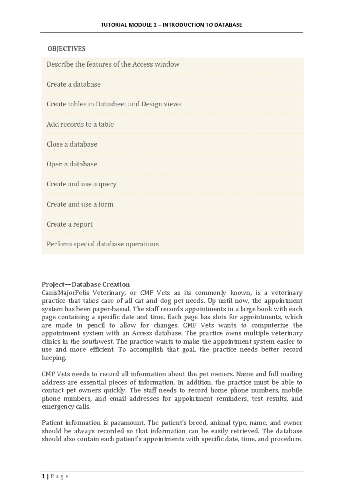 CMF Vets Database Tutorial Module 1: Introduction to Database - Studocu