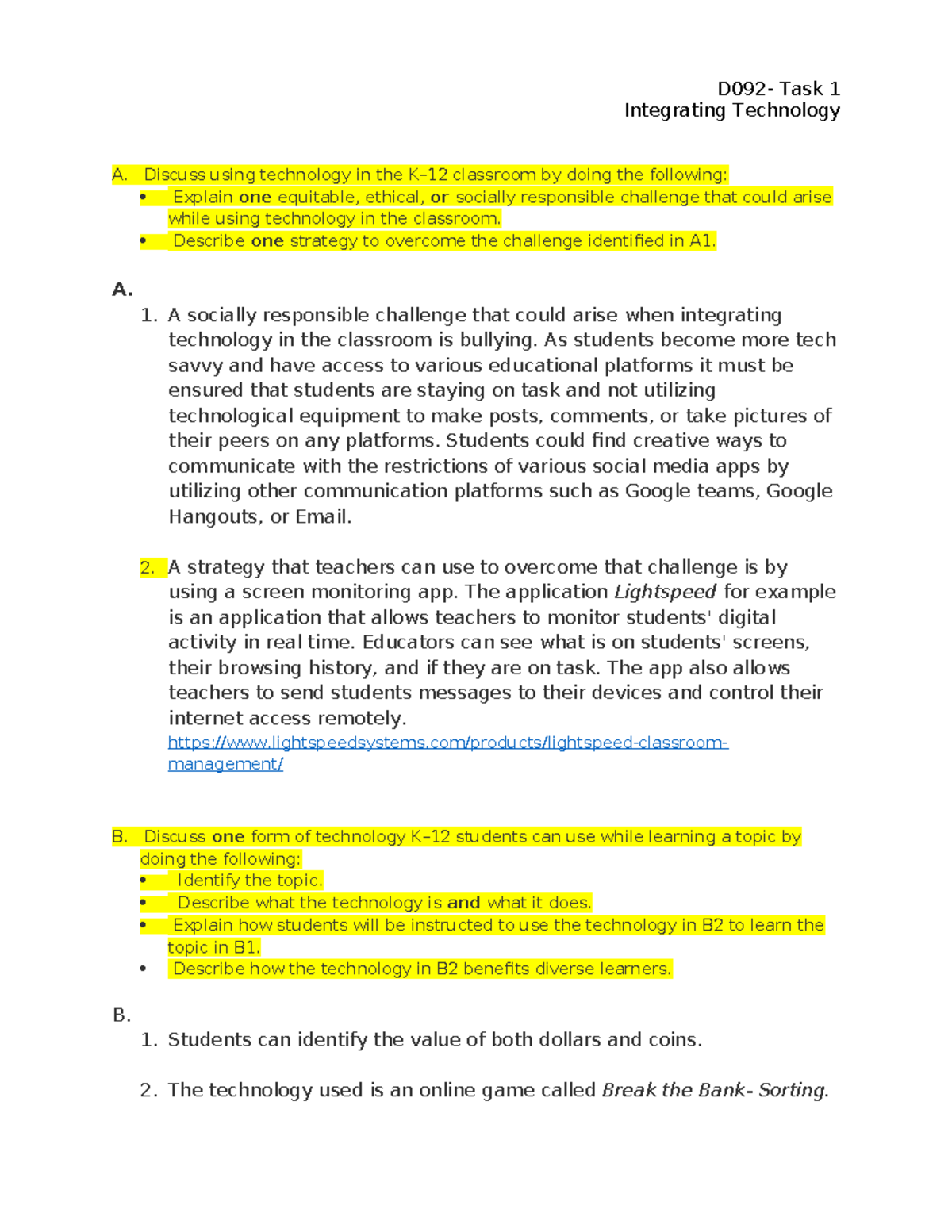 D092 - Task 1: Integrating Technology in K-12 Classrooms - Studocu