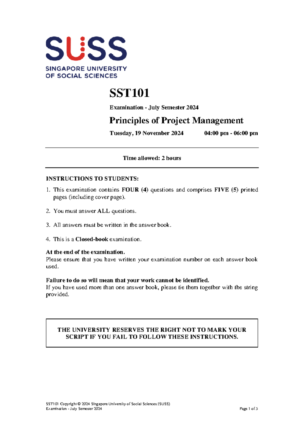SST101 JUL 2024 EQP - 2024 EXAM PAPER - SST101 Copyright © 2024 ...