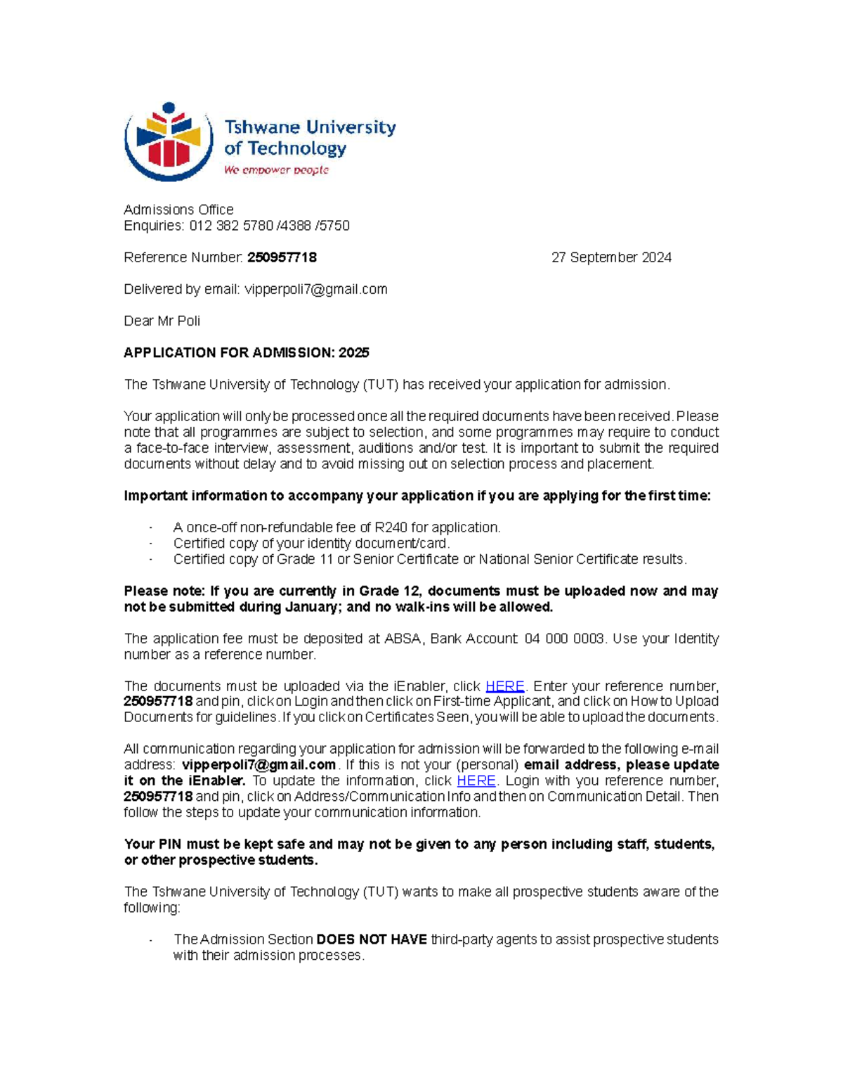TUT Application for Admission 2025: Important Guidelines and Info - Studocu