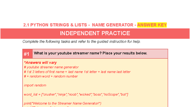 Python Name Generator Assignment - 2.1 Answer Key - Studocu