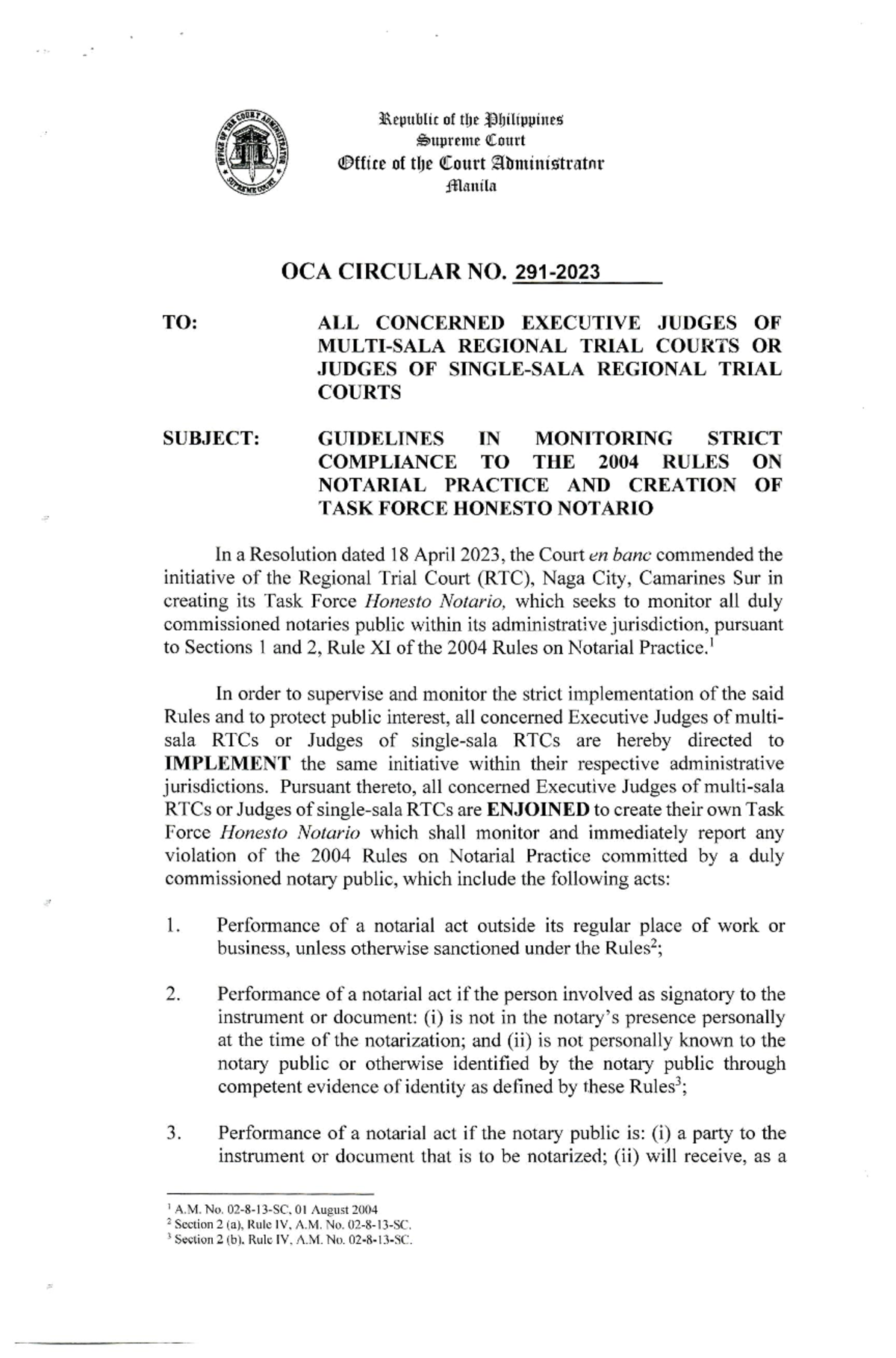 OCA Circular No. 291: Guidelines for Task Force Honesto Notario - Studocu