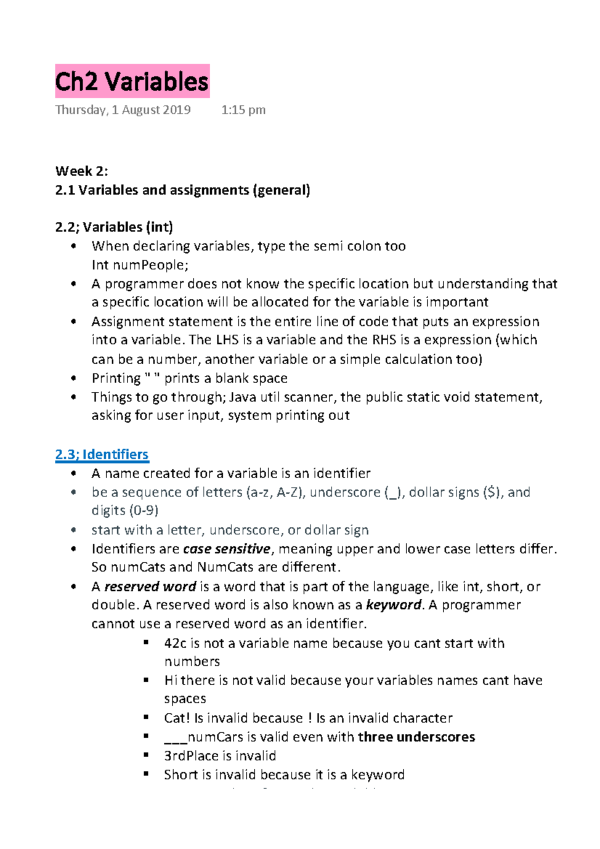 Zybook Chapter 2 - Ch2 Variables Thursday, 1 August 2019 1:15 pm Week 2 ...
