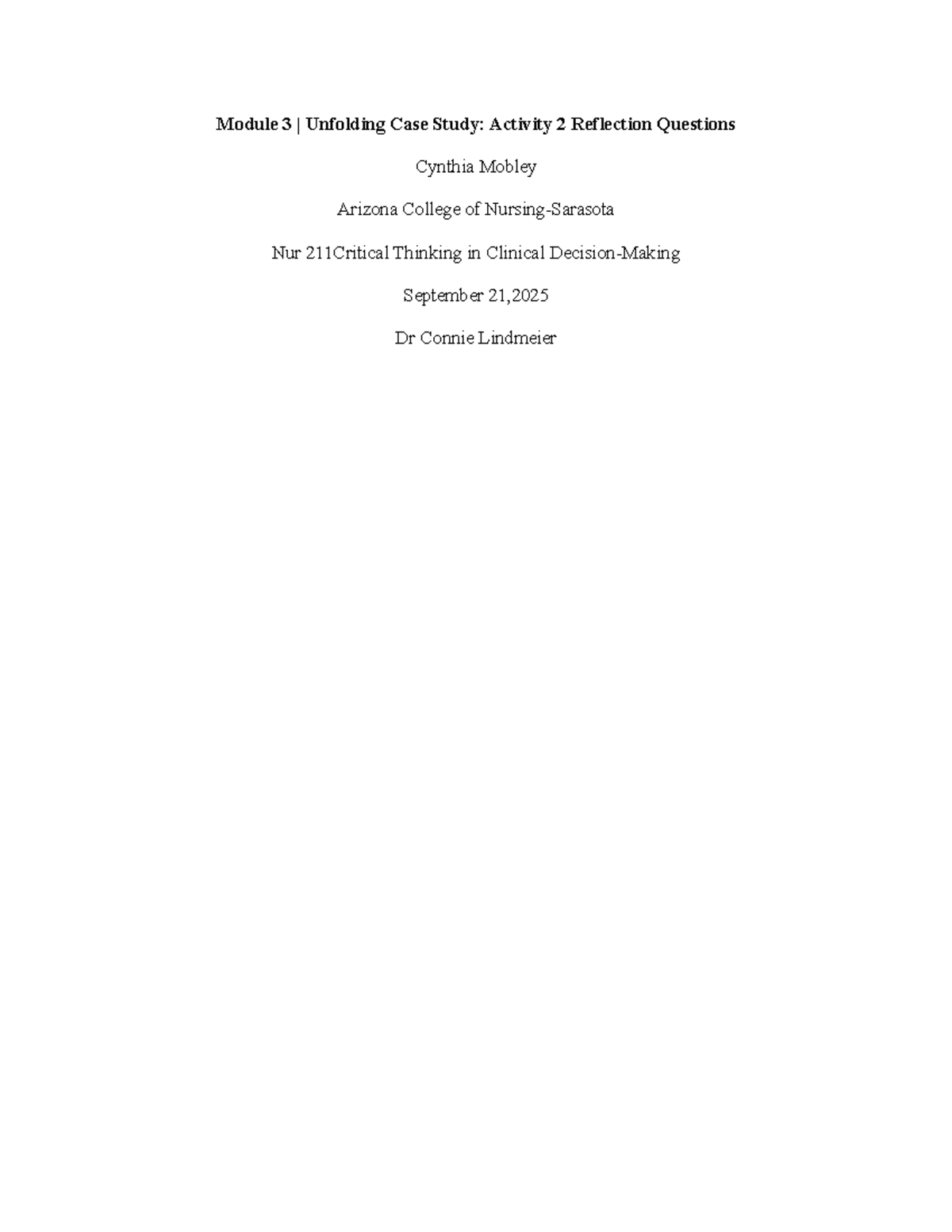 Nur 211 Module 3 Unfolding Case Study: Activity 2 Reflection - Studocu
